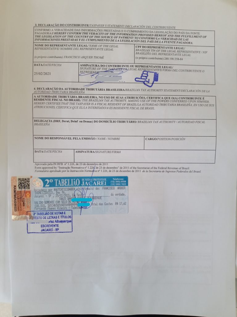 DECLARAÇÃO DA AUTORIDADE TRIBUTÁRIA BRASILEIRA/BRAZILIAN TAX AUTHORITY ...